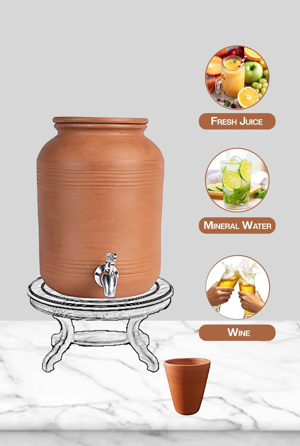 Shop Now|6 Litre Clay Water Pot with Stainless Steel Tap & Clay Glass