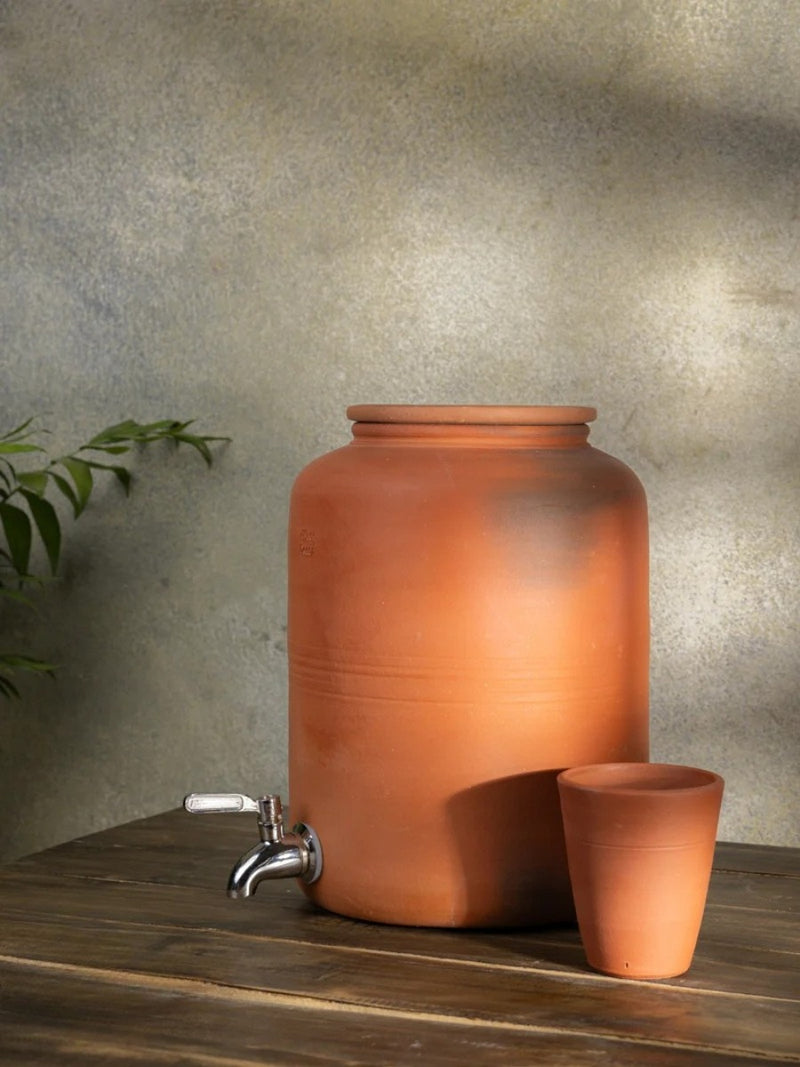 Shop Now|6 Litre Clay Water Pot with Stainless Steel Tap & Clay Glass