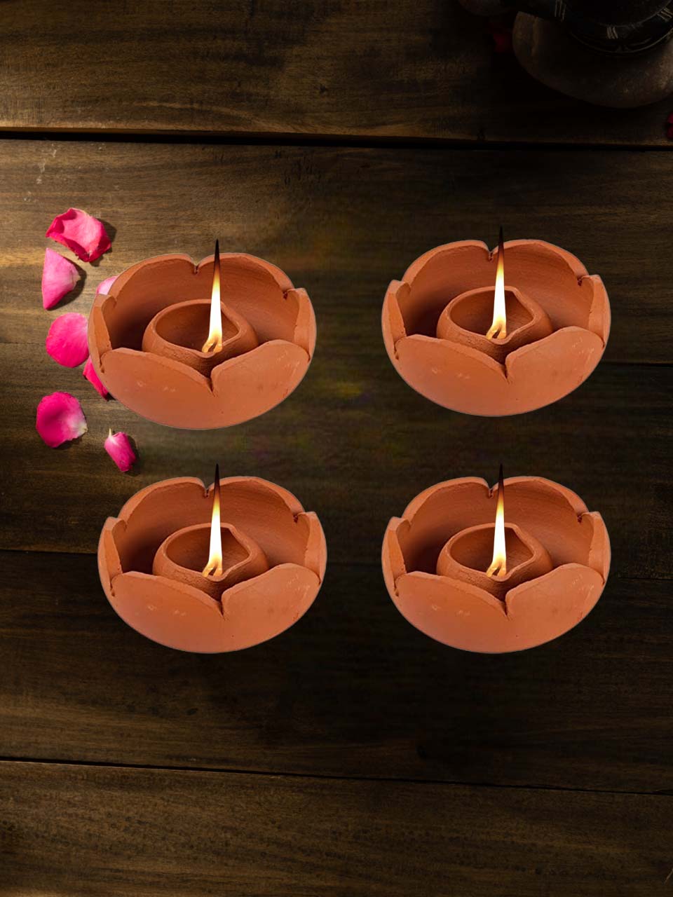 Grab Yours: 4-Piece Lotus Terracotta Diya Set|Ideal for Gifting & Rituals