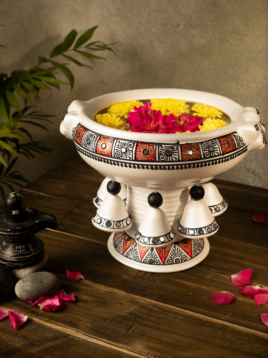 Order Now Premium Quality White Terracotta Urli with decorative Bell Stand
